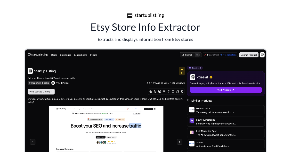 Etsy Store Info Extractor - Startup Listing